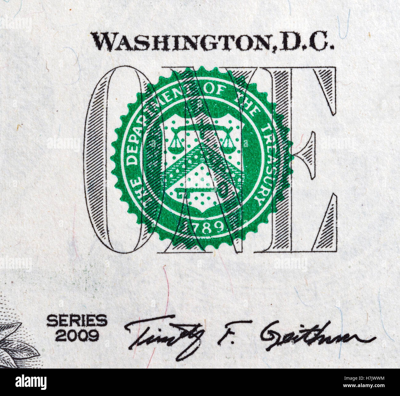 Stamp of the Department of The Treasury on US one dollar bill closeup ...