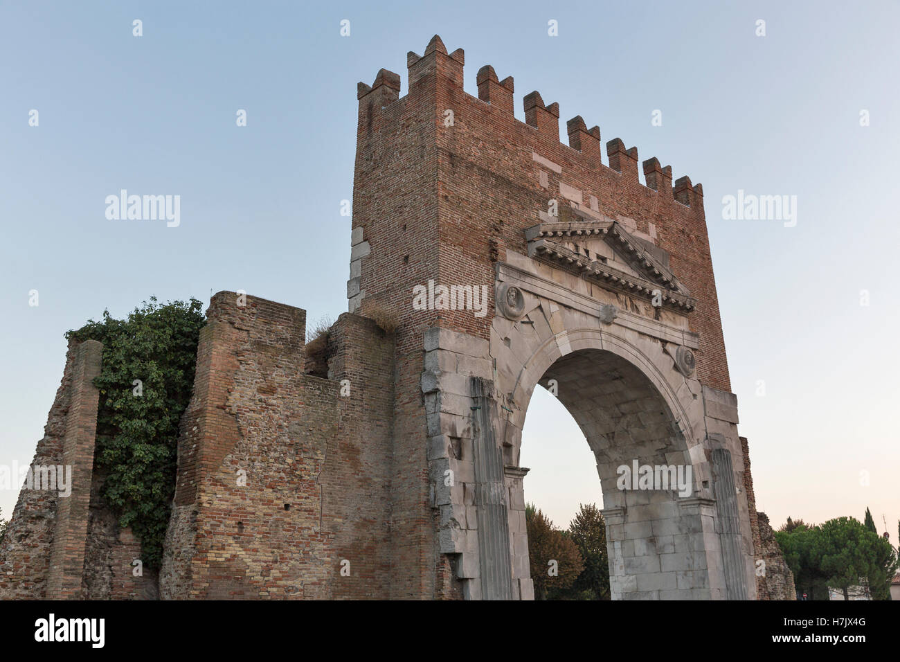 Arch of Augustus at sunset in Rimini, Italy. Ancient romanesque gate of ...