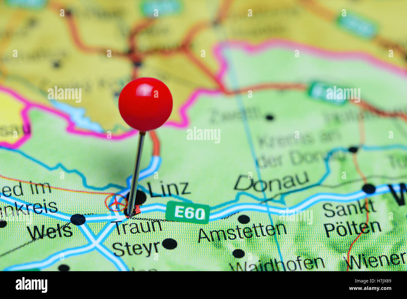 Traun pinned on a map of Austria Stock Photo - Alamy