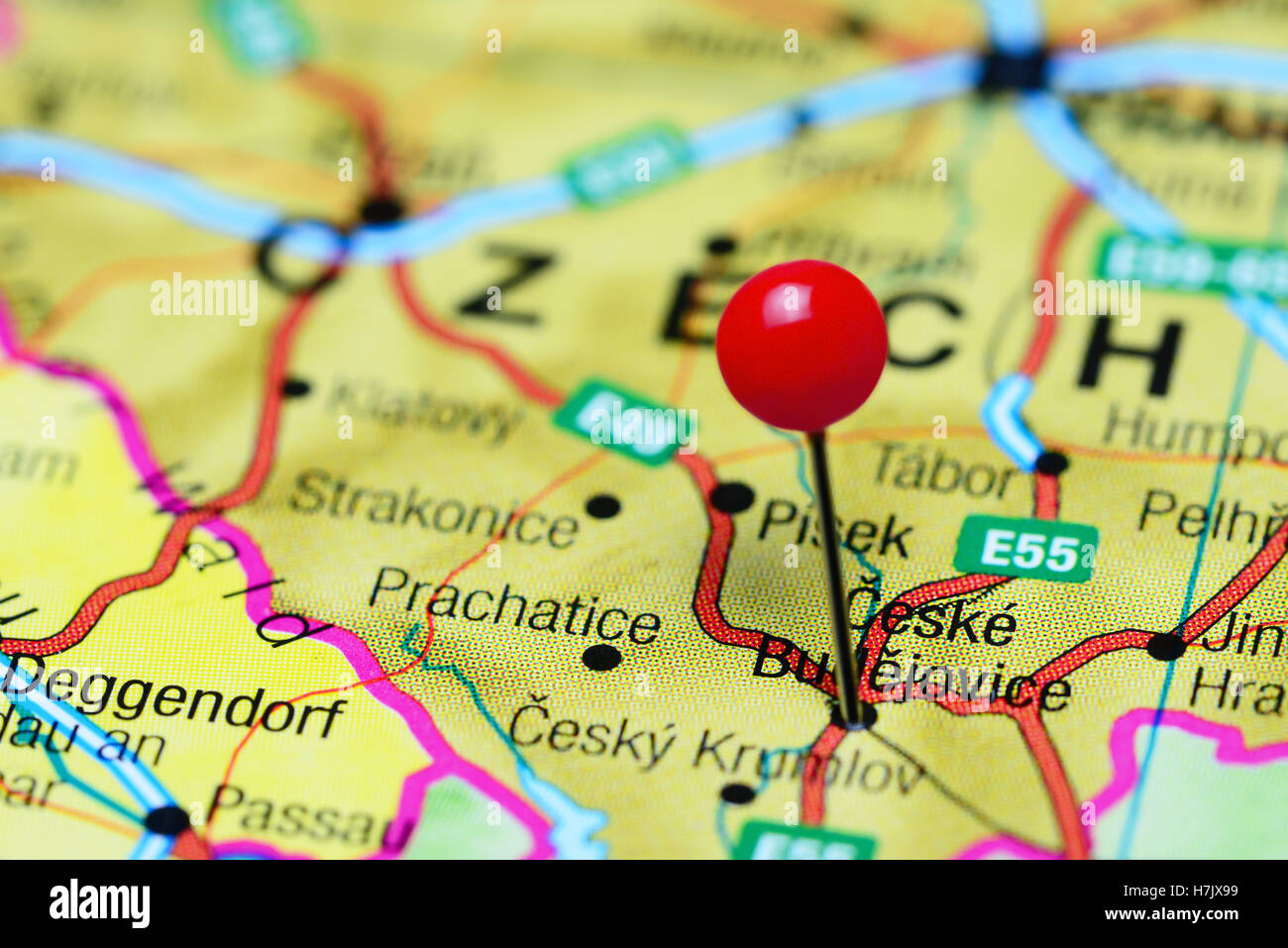 Ceske Budejovice pinned on a map of Czech Republic Stock Photo - Alamy
