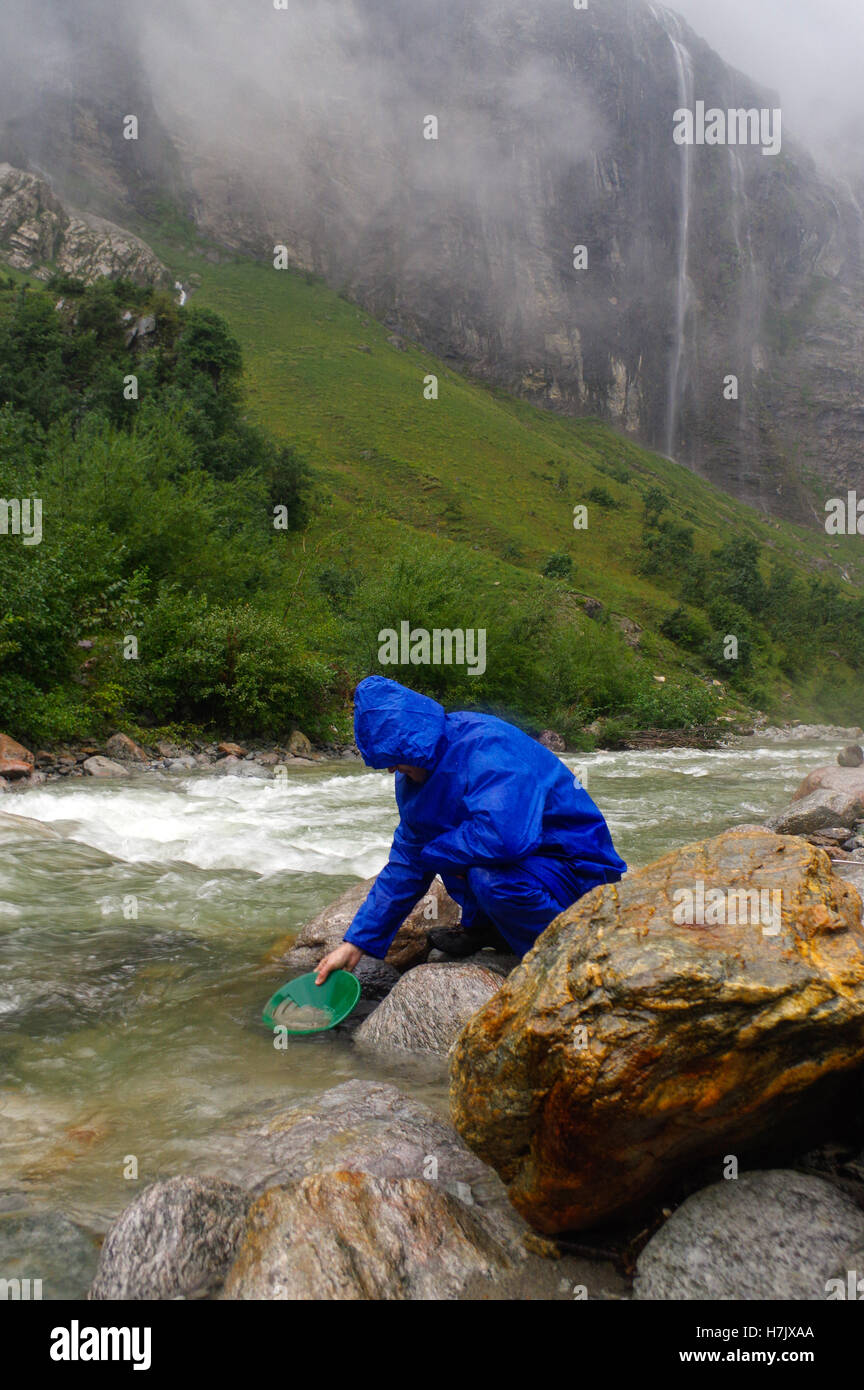 a man gold panning in a river with a sluice box during rain Stock Photo ...