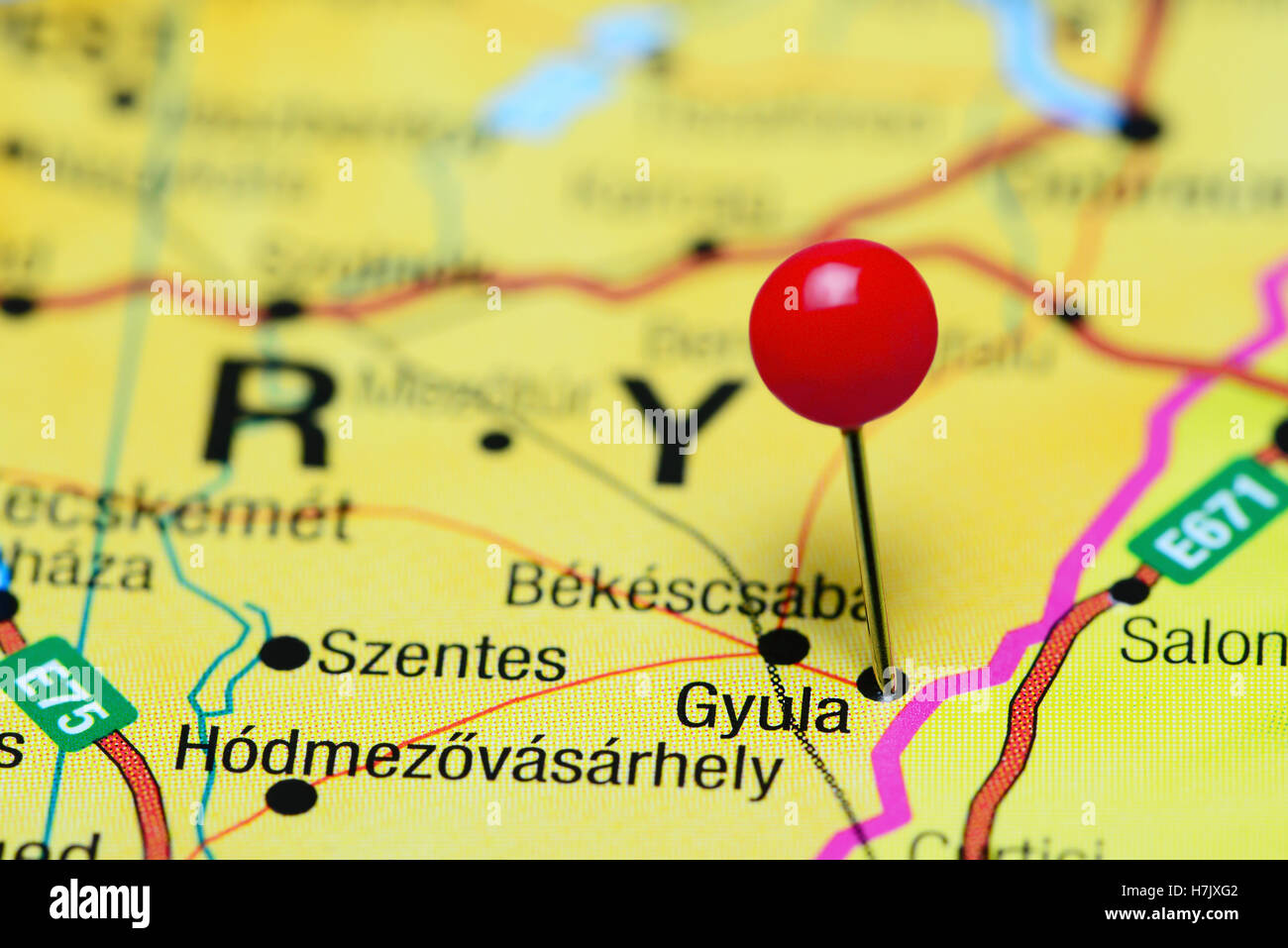 Gyula pinned on a map of Hungary Stock Photo - Alamy