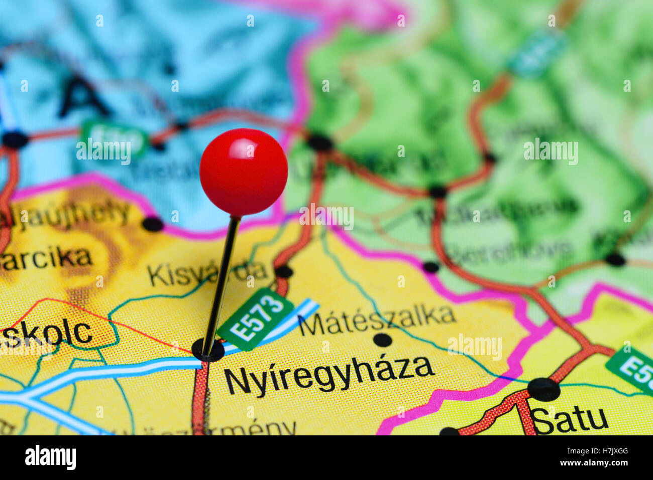 Nyiregyhaza pinned on a map of Hungary Stock Photo - Alamy
