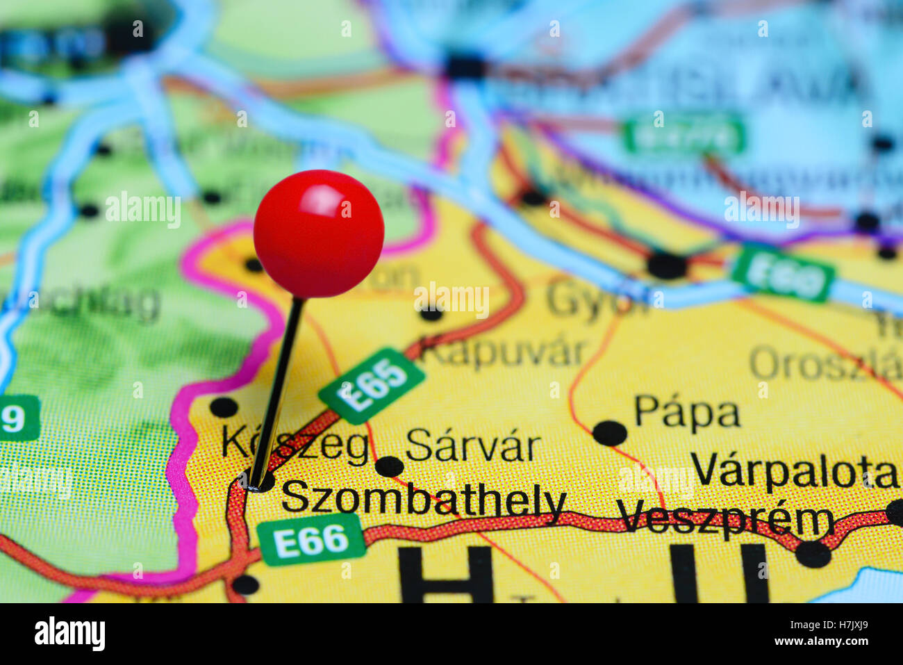 Szombathely pinned on a map of Hungary Stock Photo - Alamy