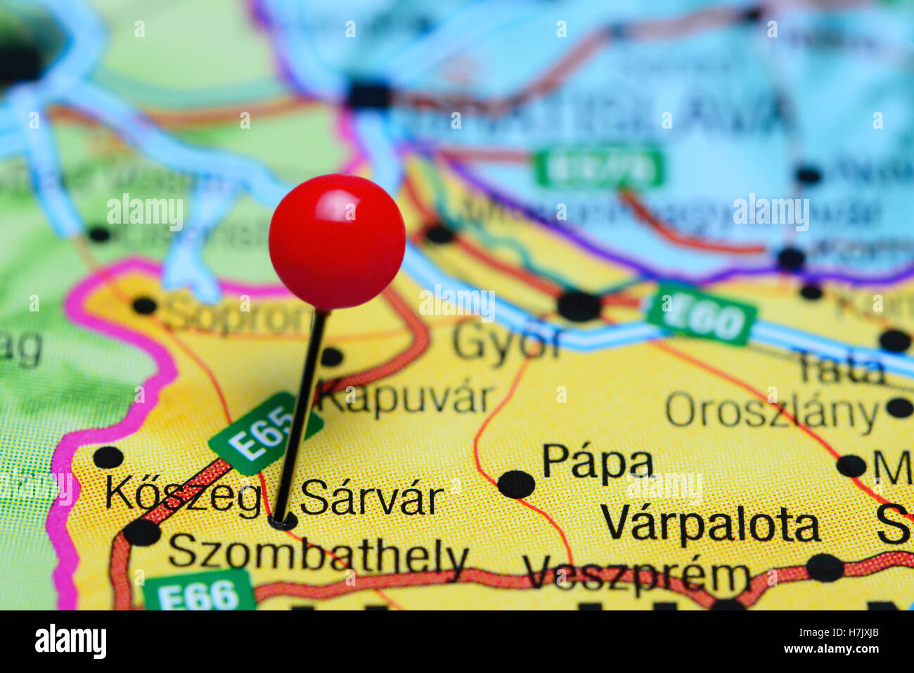 Sarvar pinned on a map of Hungary Stock Photo - Alamy