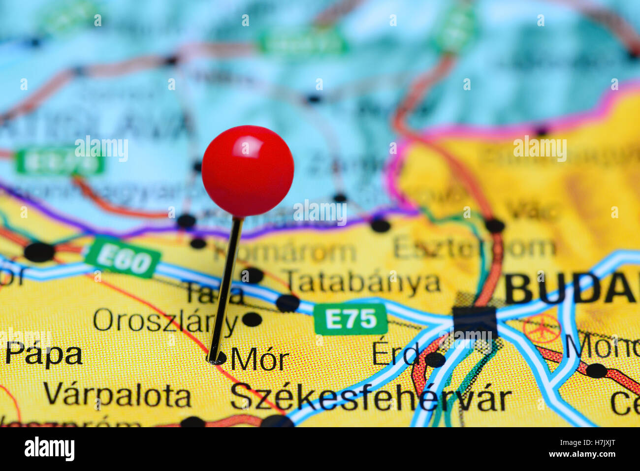 Mor pinned on a map of Hungary Stock Photo - Alamy