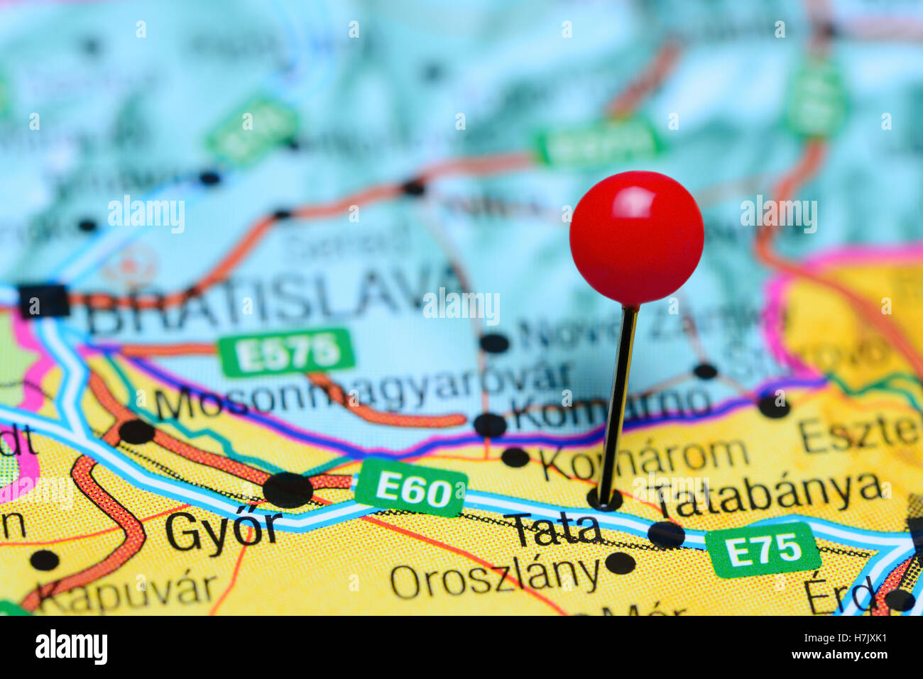 Tata pinned on a map of Hungary Stock Photo - Alamy