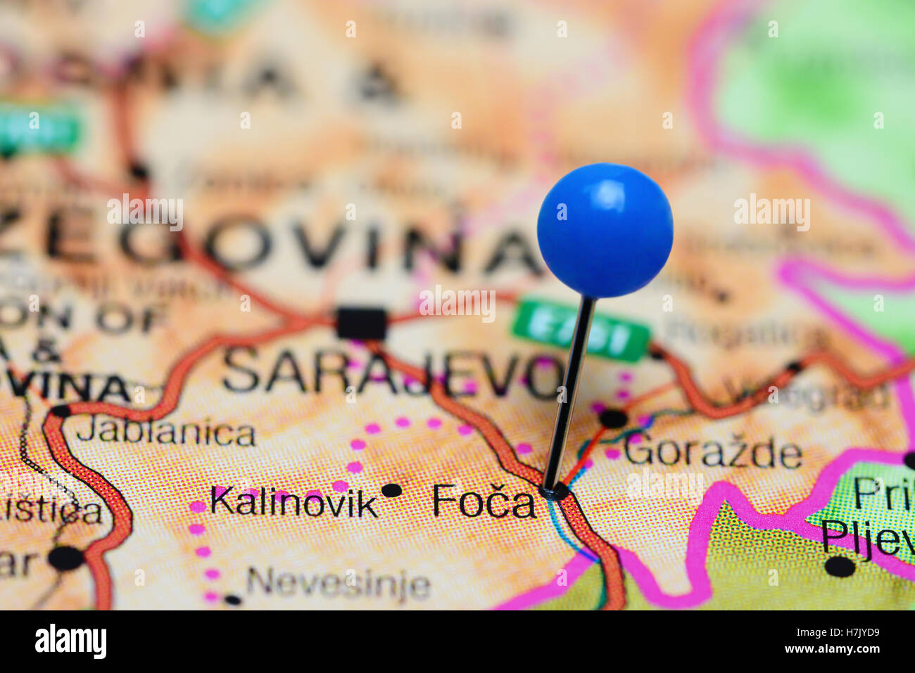 Foca pinned on a map of Bosnia and Herzegovina Stock Photo - Alamy