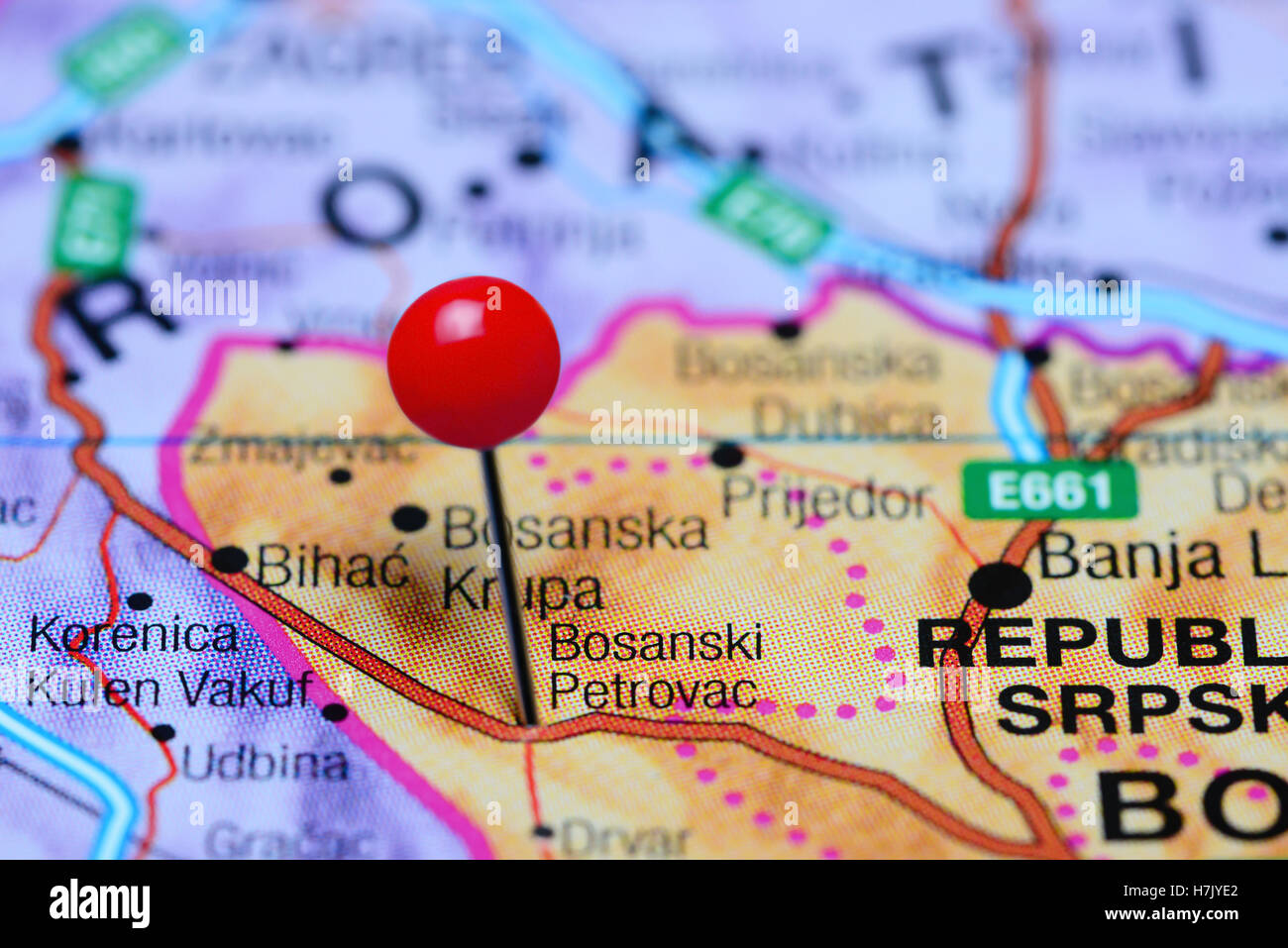 Bosanski Petrovac pinned on a map of Bosnia and Herzegovina Stock Photo ...