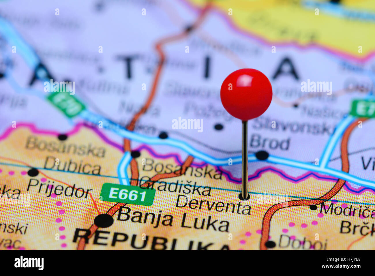 Derventa pinned on a map of Bosnia and Herzegovina Stock Photo - Alamy
