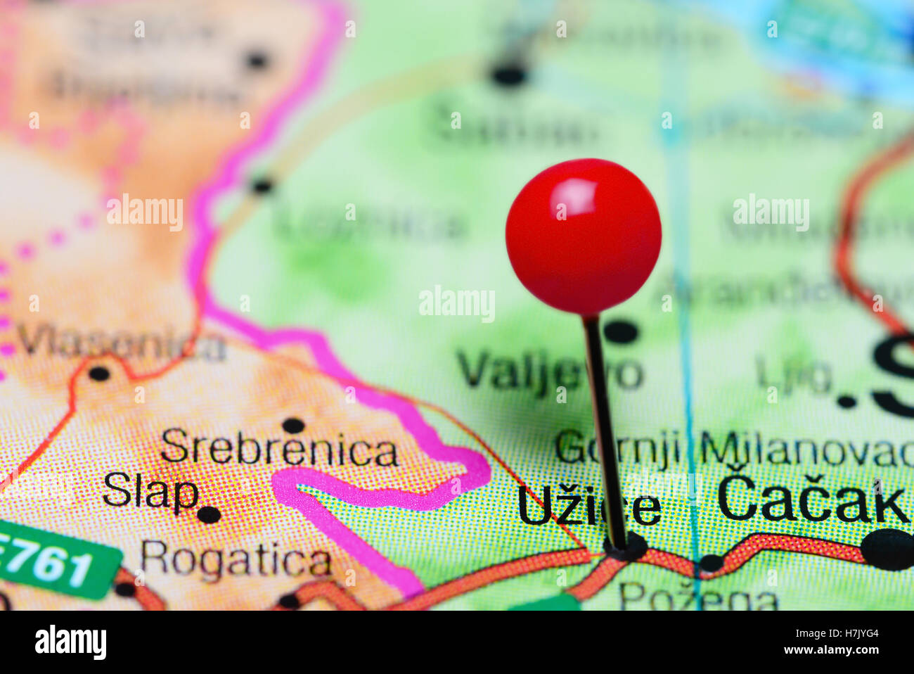 Uzice pinned on a map of Serbia Stock Photo - Alamy