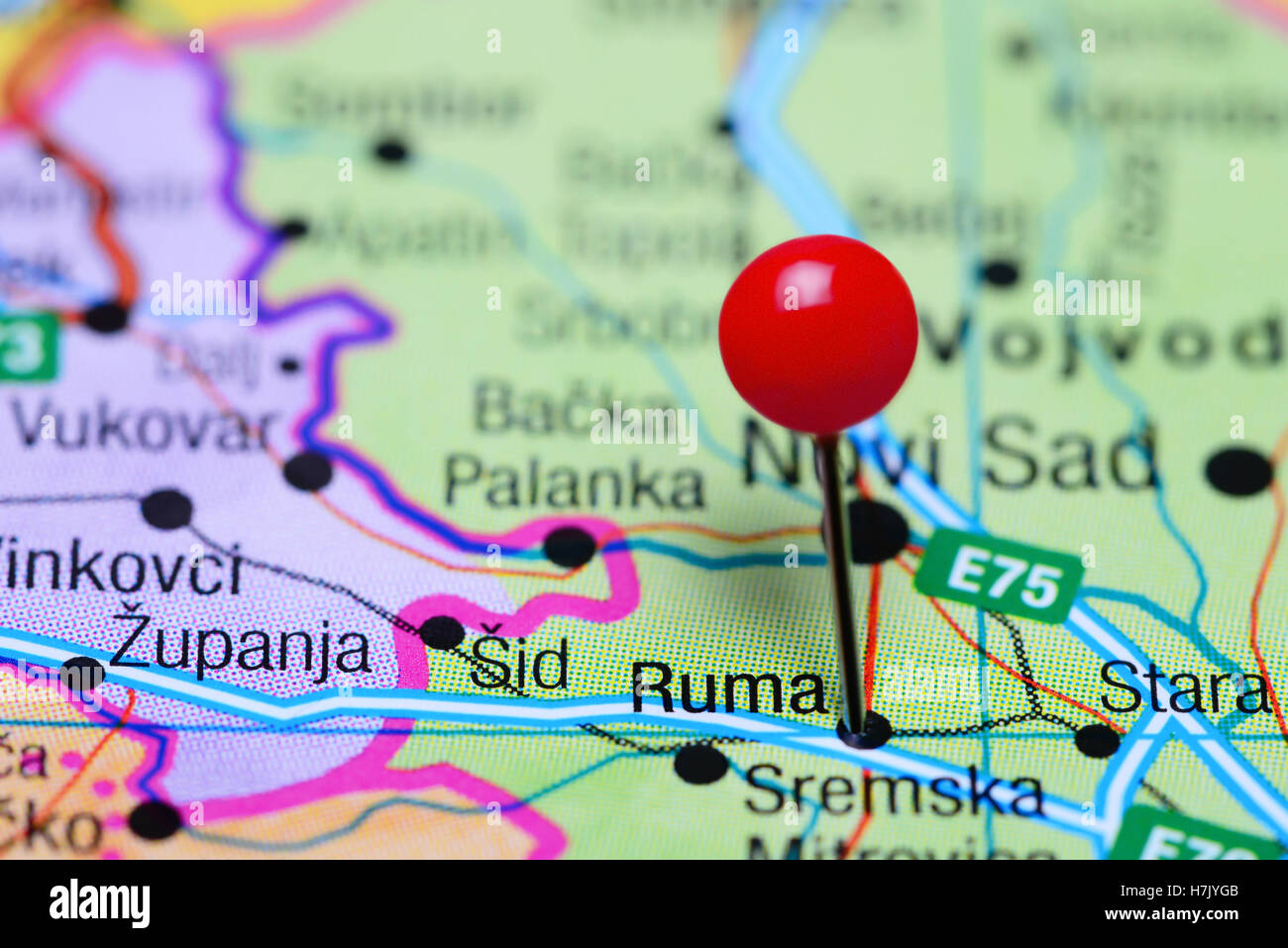 Ruma pinned on a map of Serbia Stock Photo - Alamy