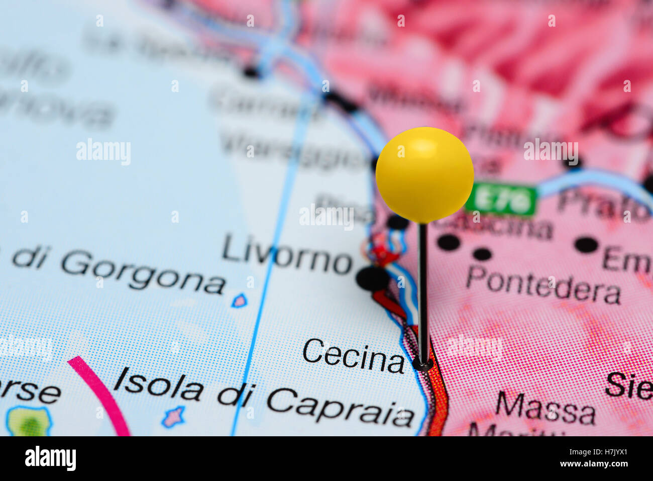 Cecina pinned on a map of Italy Stock Photo - Alamy