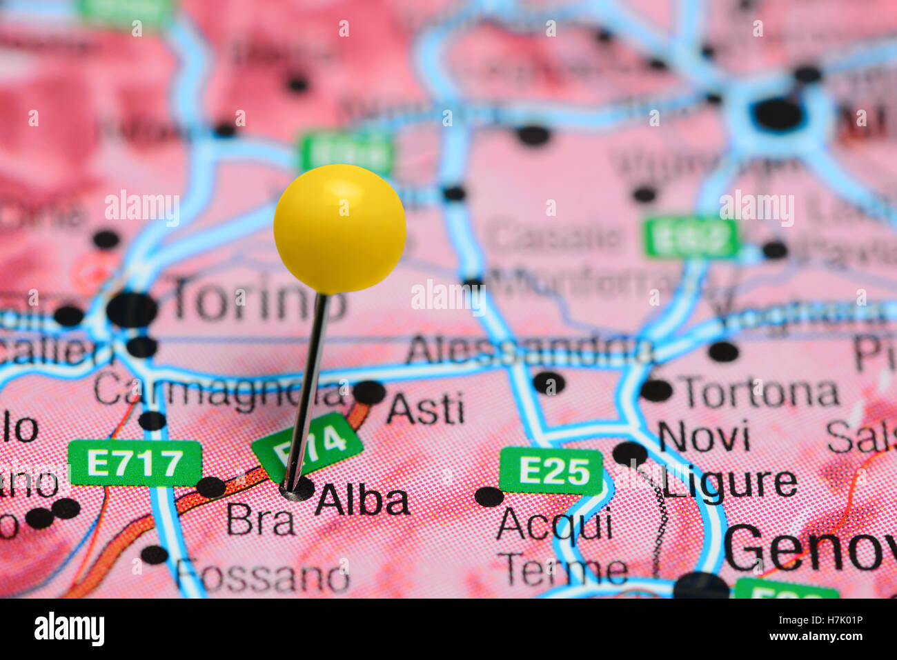 Alba pinned on a map of Italy Stock Photo - Alamy
