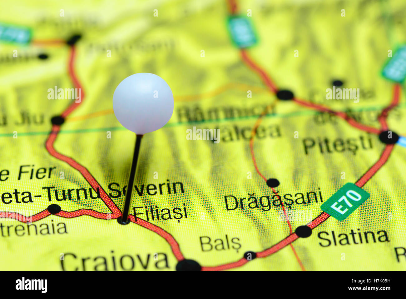 Filiasi pinned on a map of Romania Stock Photo - Alamy