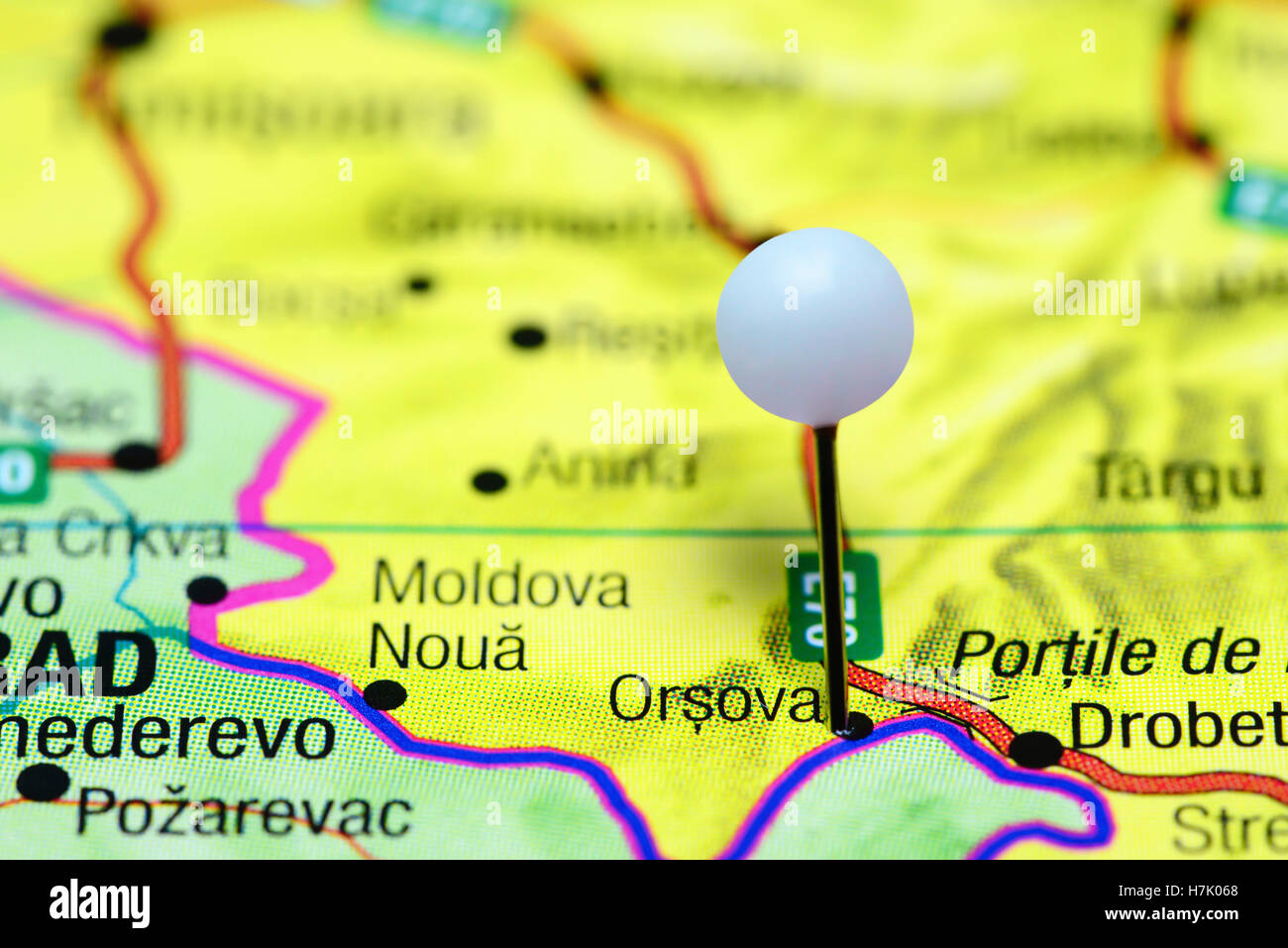 Orsova pinned on a map of Romania Stock Photo - Alamy