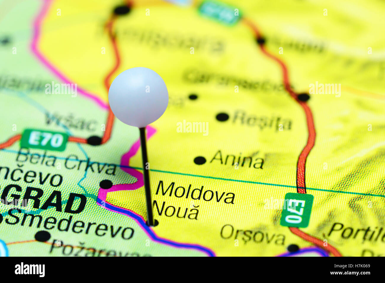 Moldova Noua pinned on a map of Romania Stock Photo - Alamy