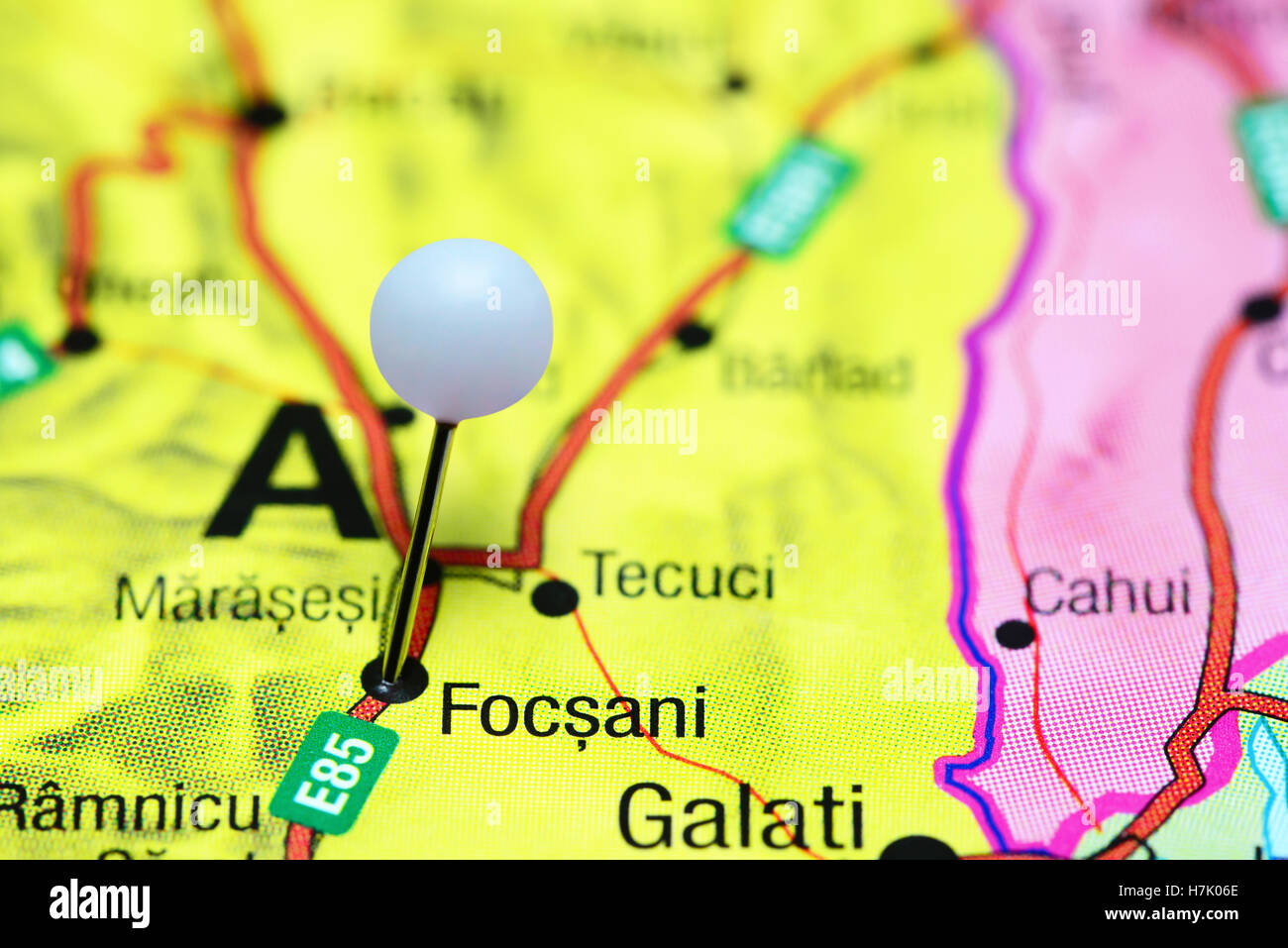 Focsani pinned on a map of Romania Stock Photo - Alamy