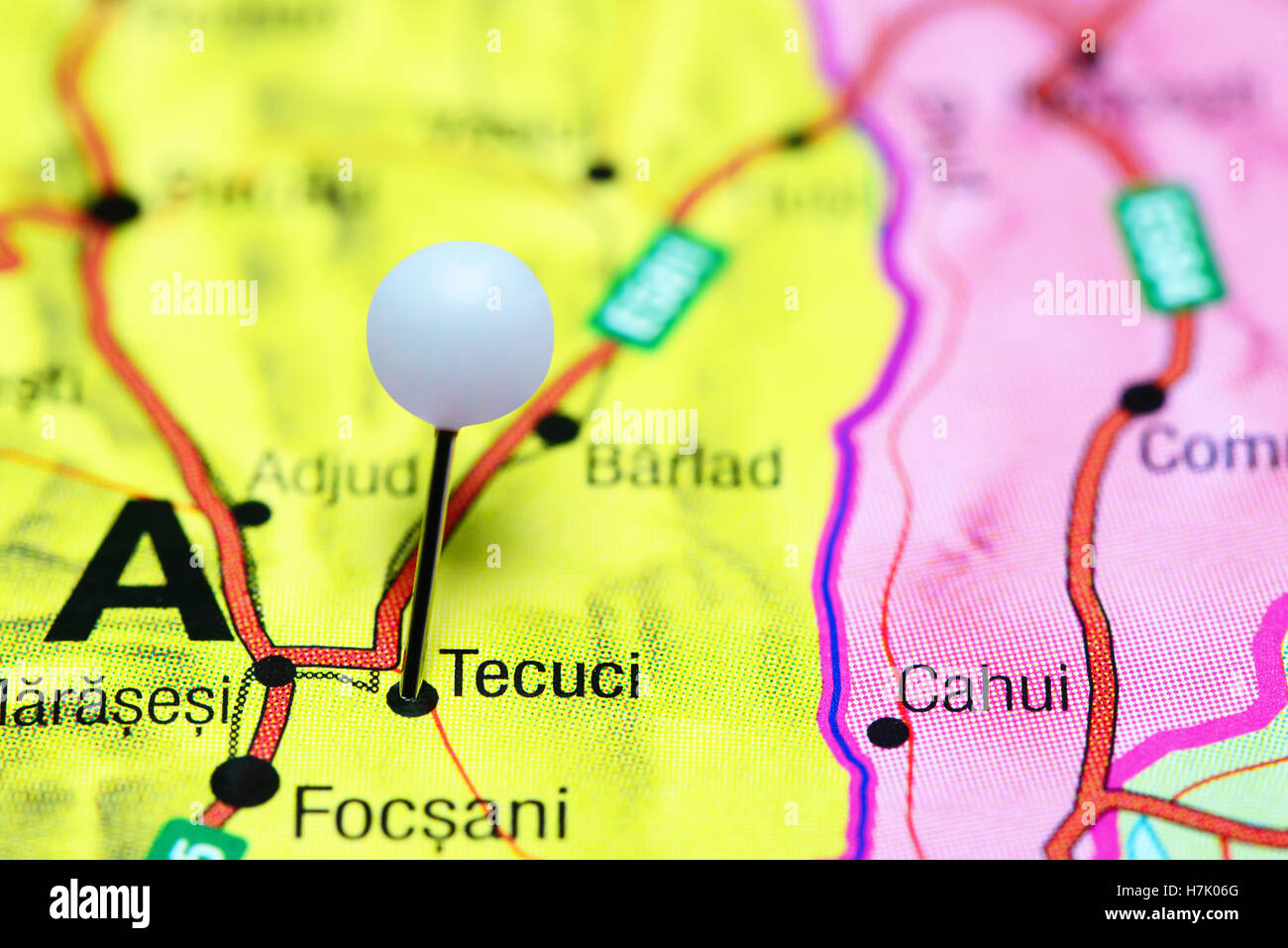 Tecuci pinned on a map of Romania Stock Photo - Alamy