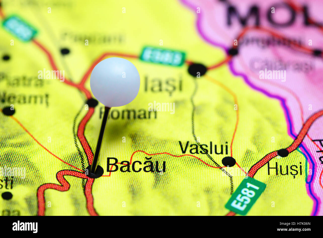 Bacau pinned on a map of Romania Stock Photo - Alamy