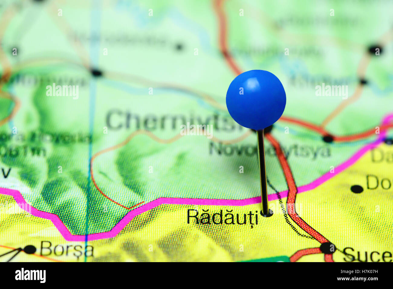 Radauti pinned on a map of Romania Stock Photo - Alamy
