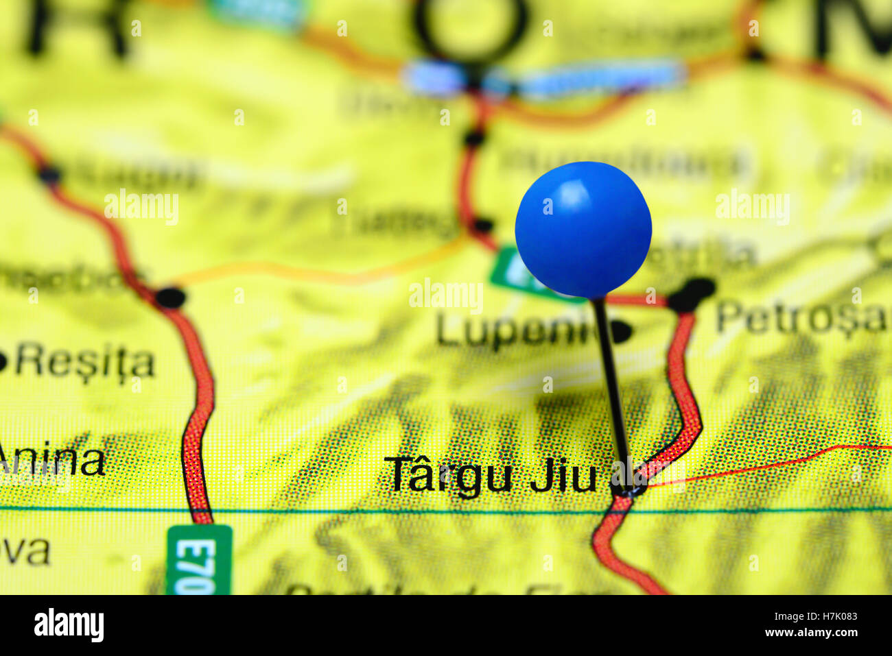 Targu Jiu pinned on a map of Romania Stock Photo - Alamy