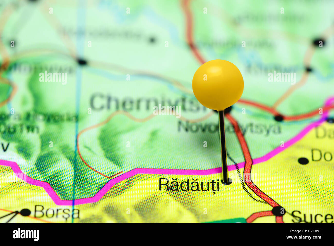 Radauti pinned on a map of Romania Stock Photo - Alamy