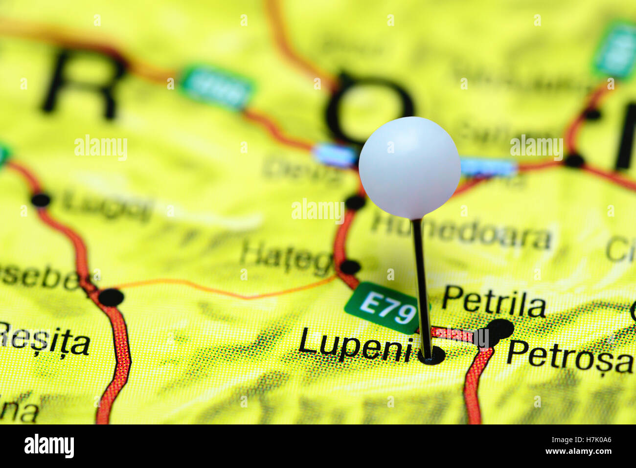 Lupeni pinned on a map of Romania Stock Photo - Alamy