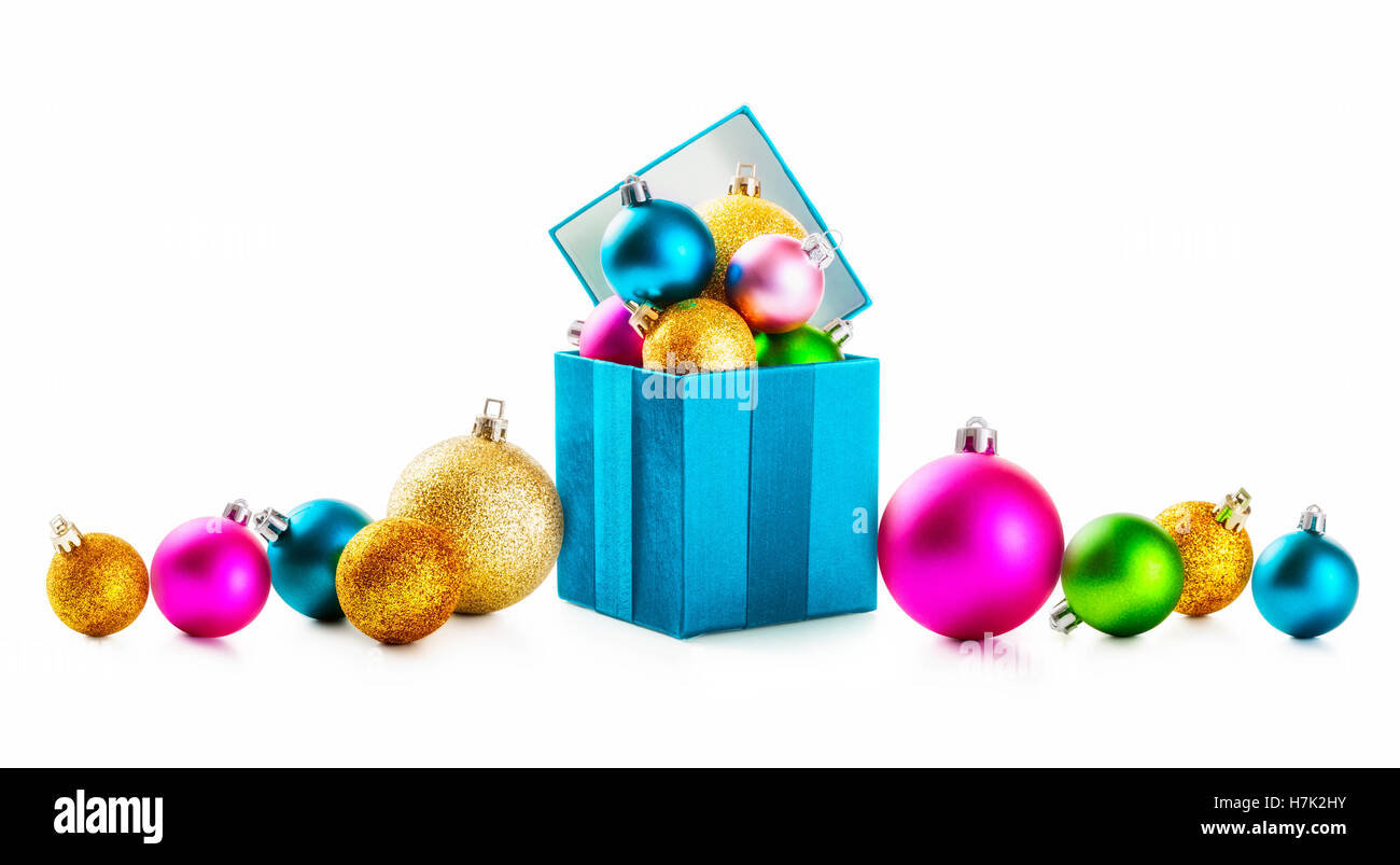 Colorful christmas border with blue gift box and baubles isolated on ...