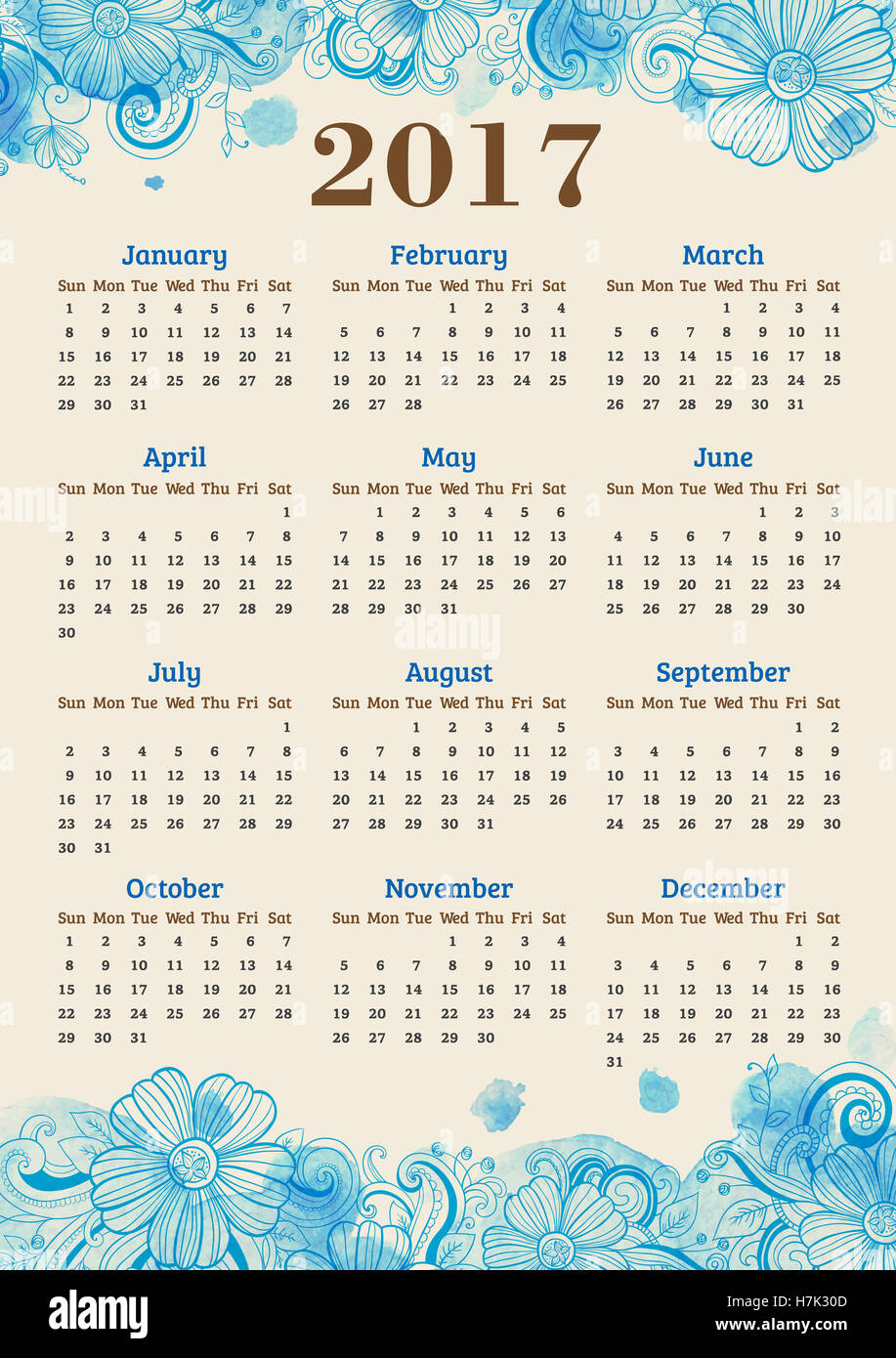 Calendar for 2017 year. Abstract floral background with blue watercolor ...