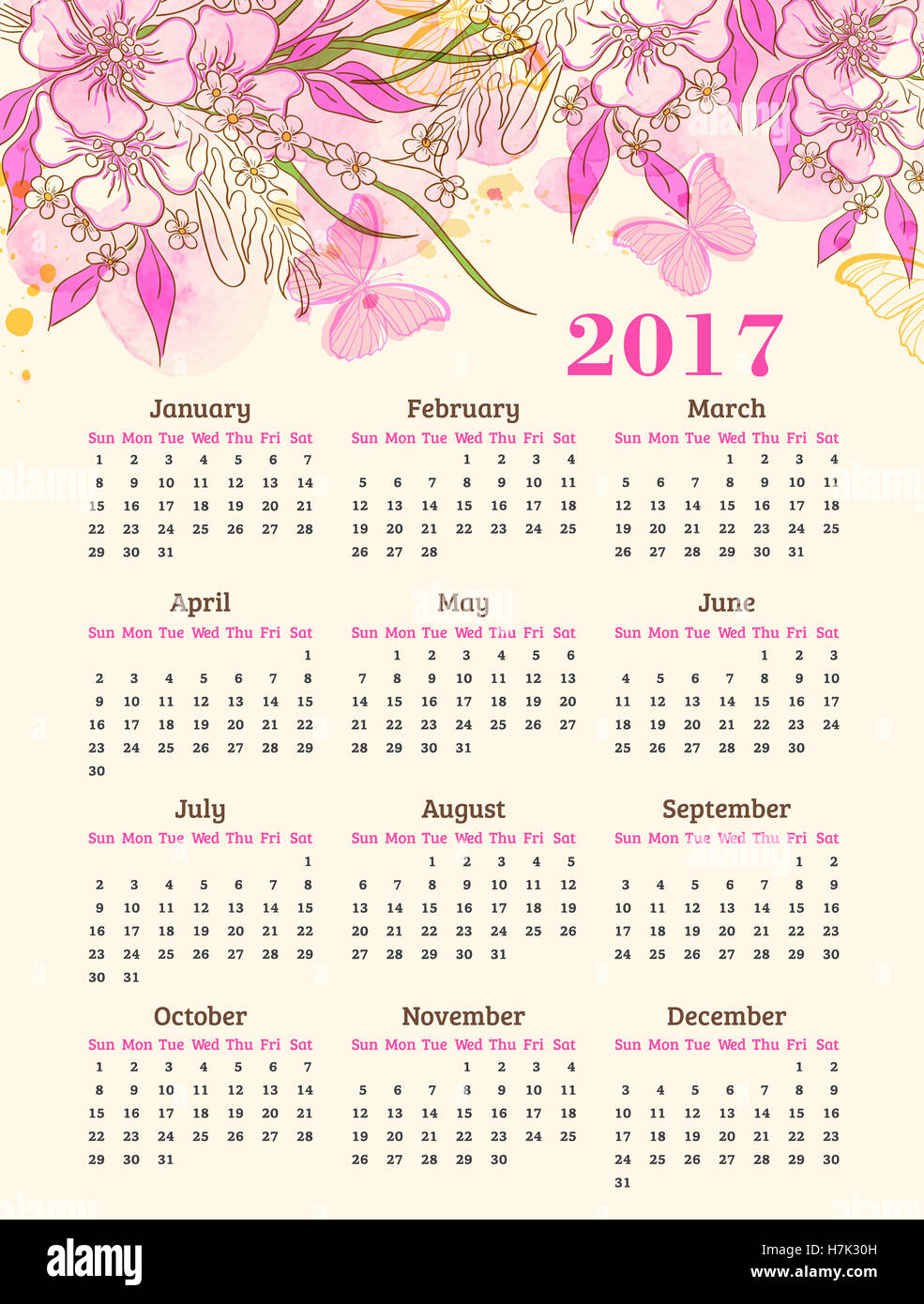 Calendar for 2017 year. Abstract background with pink watercolor blots ...