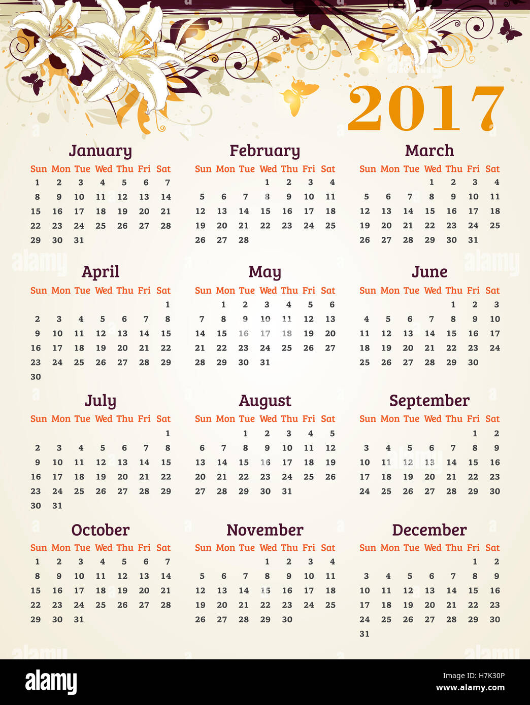 Calendar for 2017 year. Abstract floral background with lily flowers ...