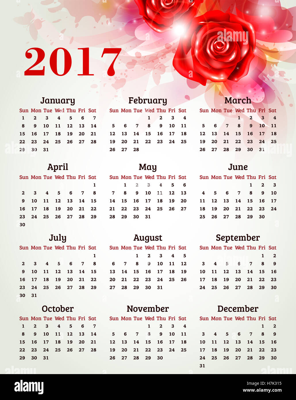 Calendar for 2017 year. Abstract floral background with red roses Stock ...