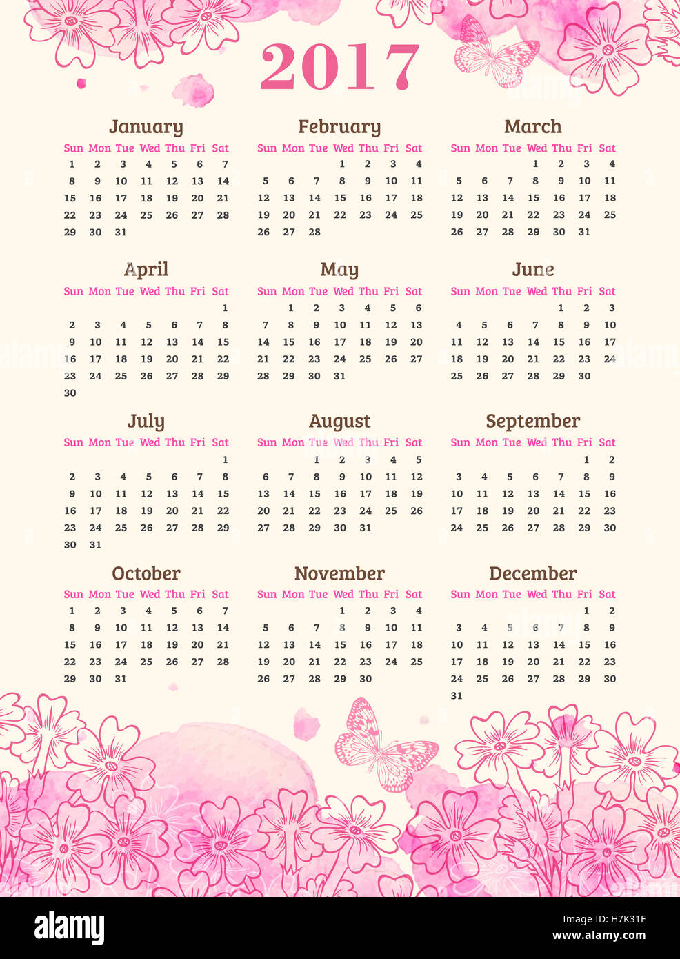 Calendar for 2017 year. Abstract background with pink watercolor blots ...