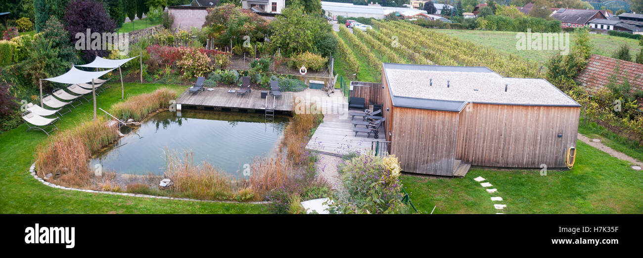 Ecological swimming pool and sauna complex. Plants are used to keep the ...