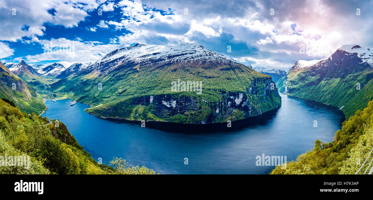 Panorama Geiranger fjord, Beautiful Nature Norway. It is a 15-kilometre ...