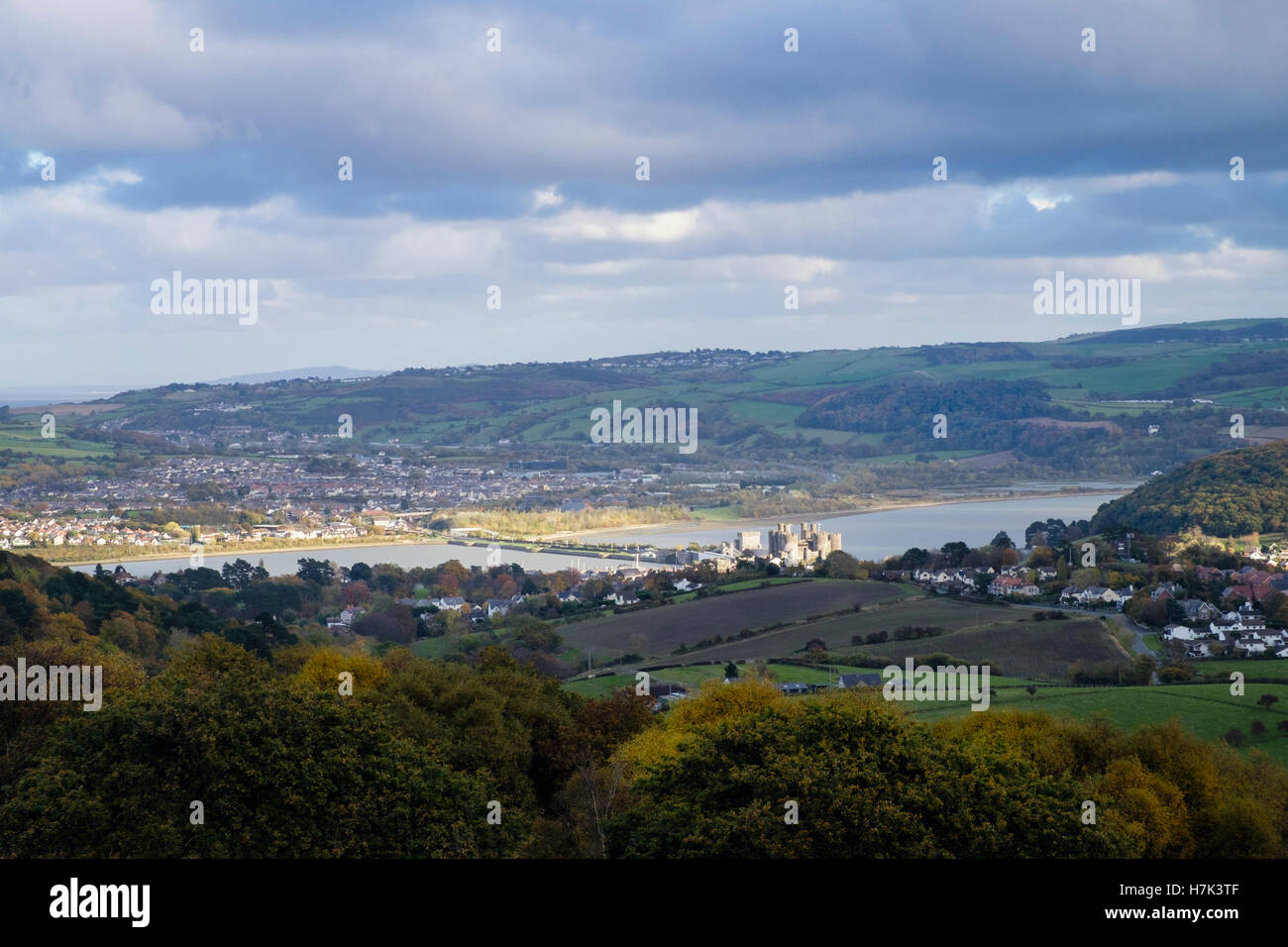 View from Conwy Mountain above town and castle beside the Afon Conwy ...