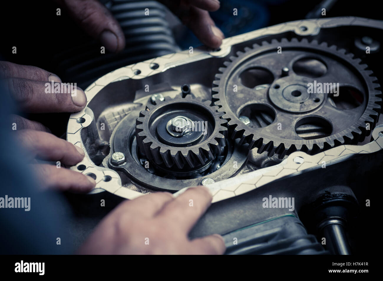 Close up shot the timing sprockets from a boxer motorcycle engine Stock ...