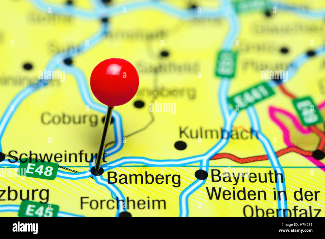 Bamberg pinned on a map of Germany Stock Photo - Alamy