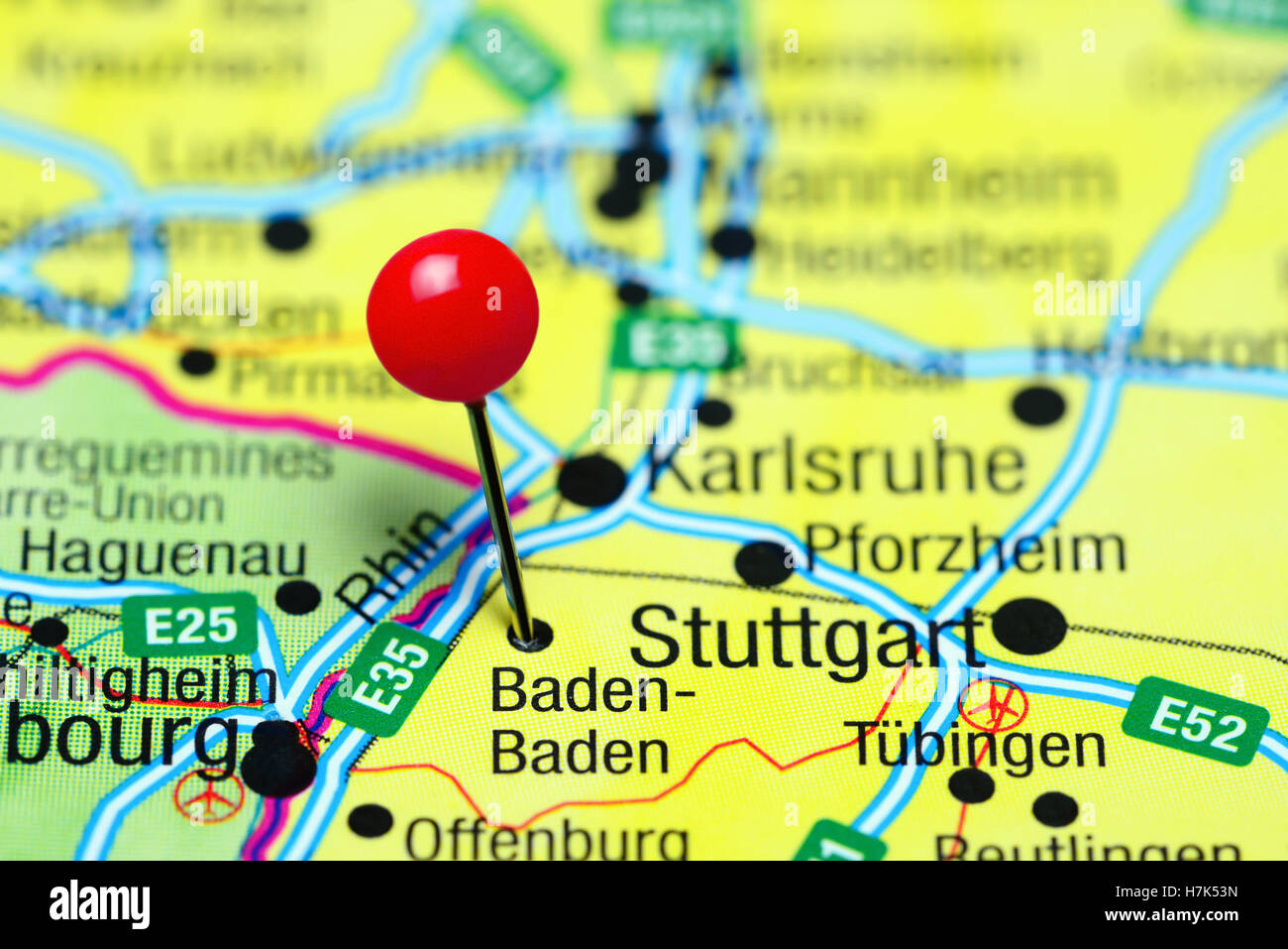 Baden-Baden pinned on a map of Germany Stock Photo - Alamy