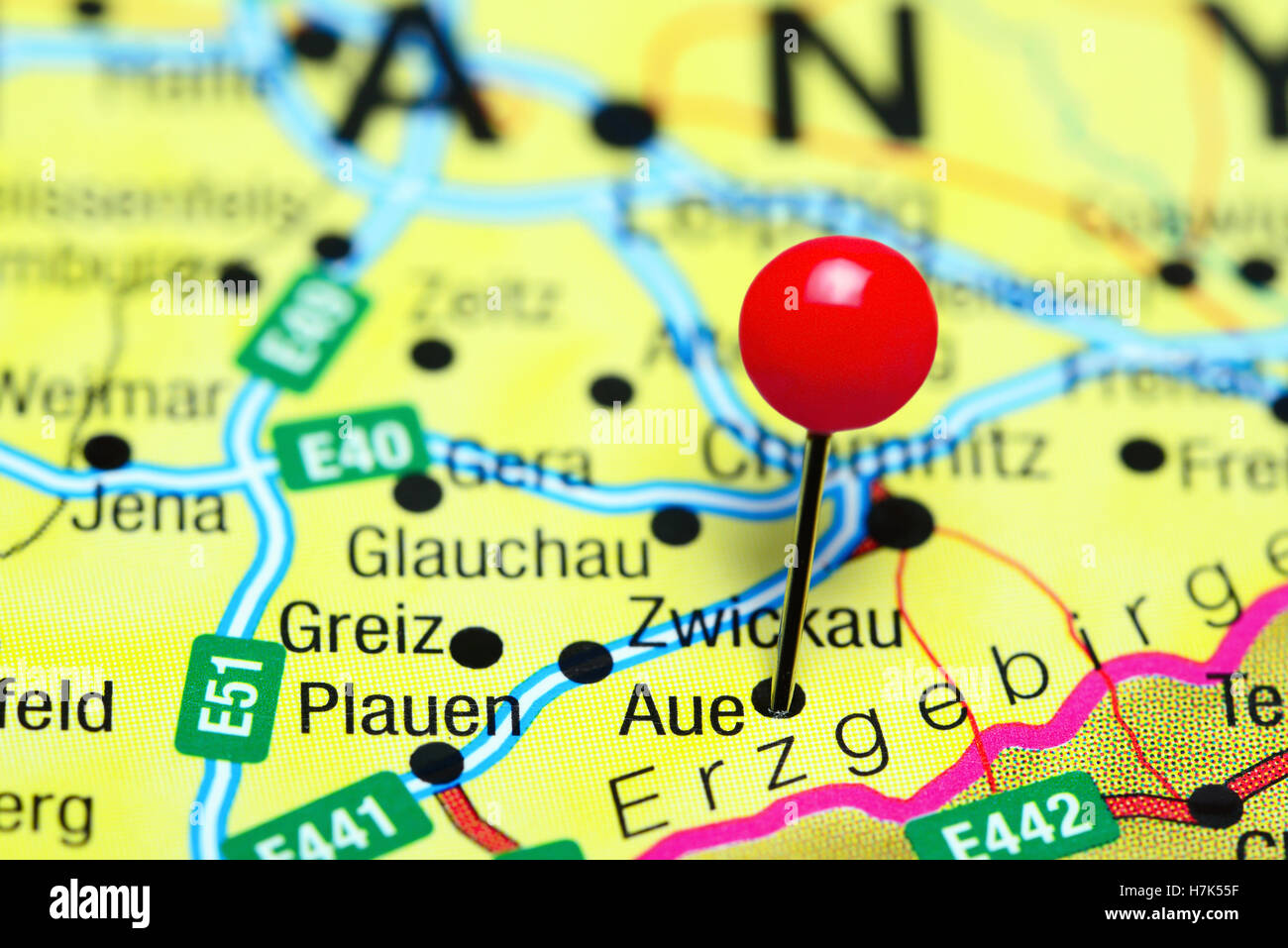 Aue pinned on a map of Germany Stock Photo - Alamy