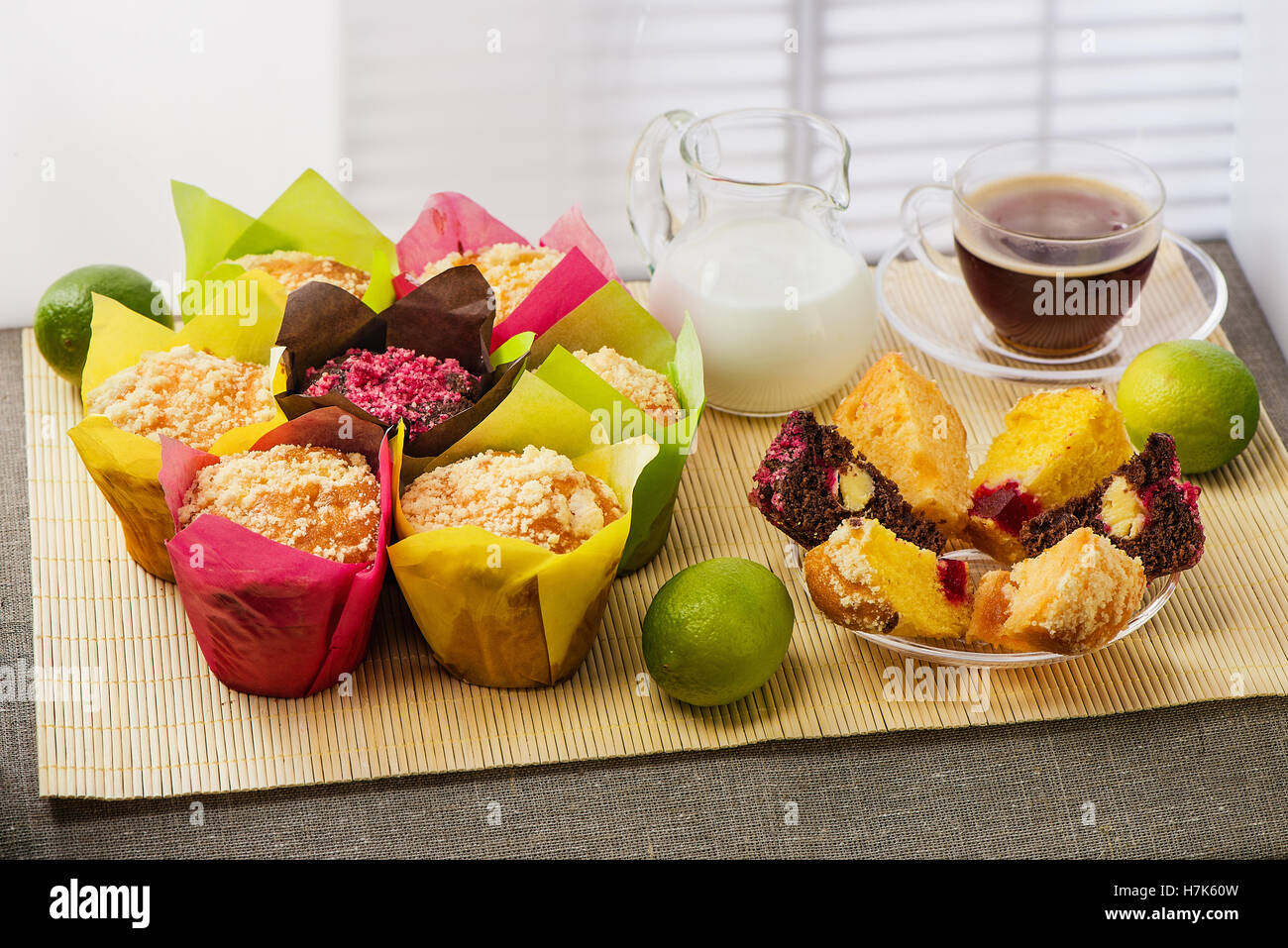 Color muffins in multi-colored paper, with milk, a cup of coffee and ...