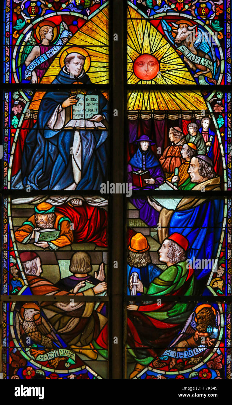 Stained Glass window depicting Saint Thomas Aquinas (1225 - 1274), an ...