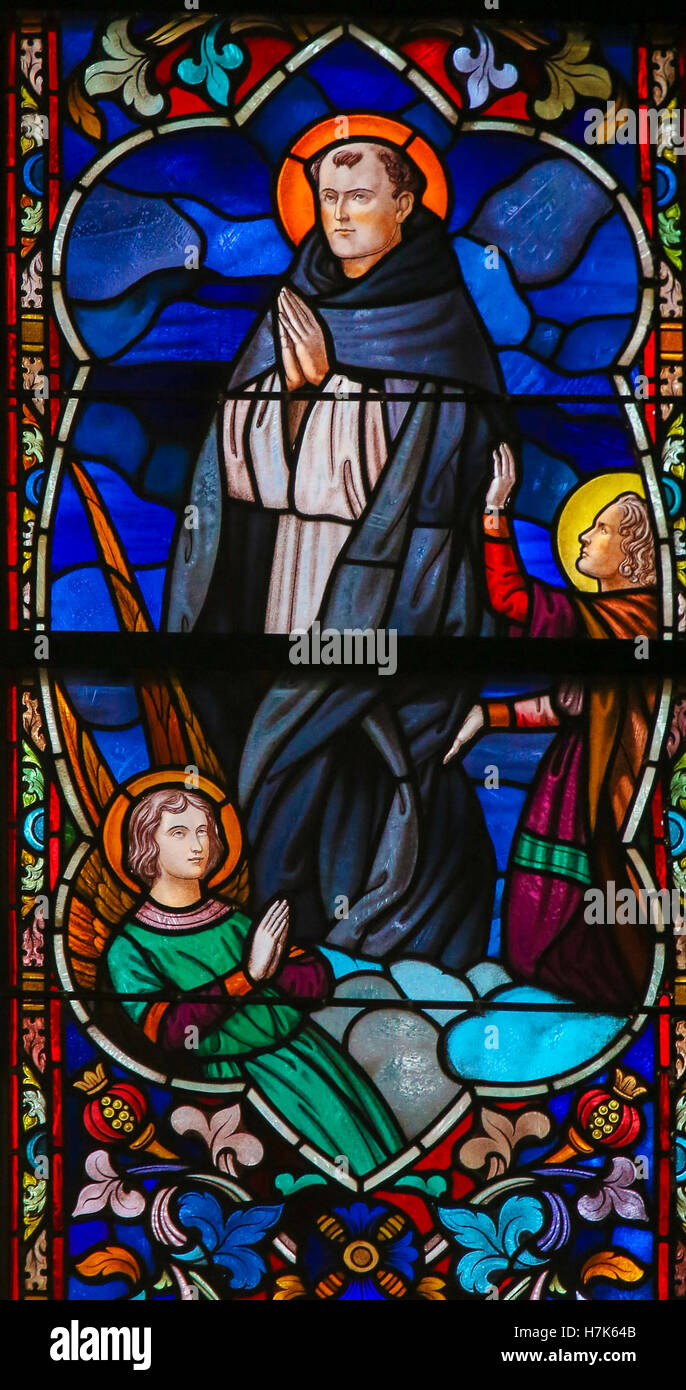 Stained Glass window depicting Saint Thomas Aquinas (1225 - 1274), an ...