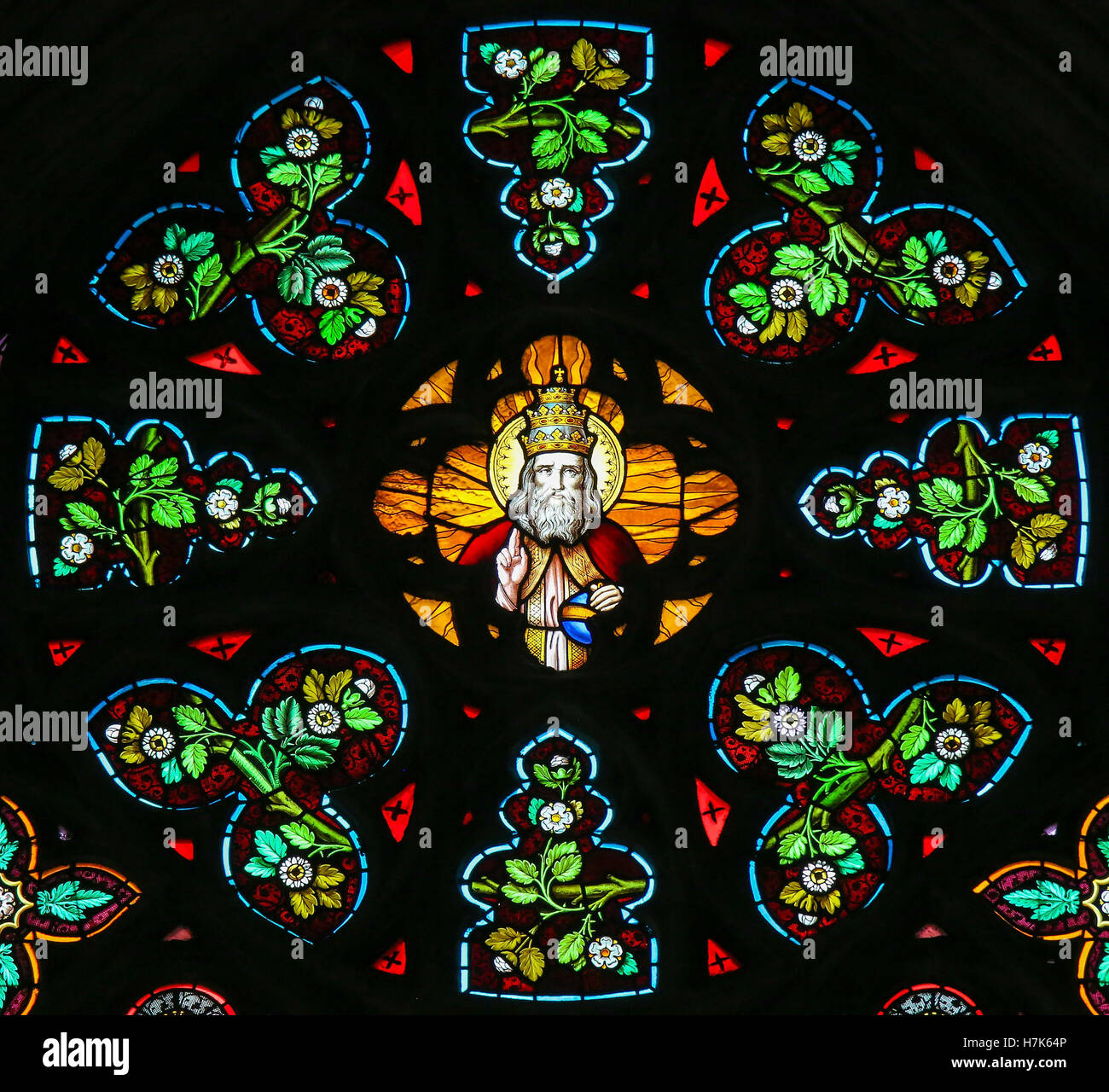 Round Stained Glass window depicting God, in the Cathedral of Mechelen ...