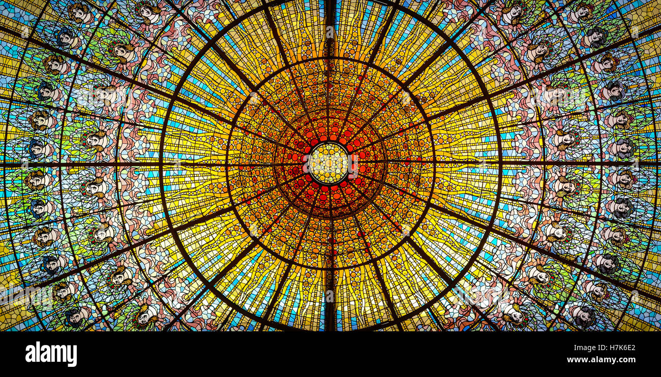 The colorful skylight of Palau de la Música Catalana in Barcelona ...