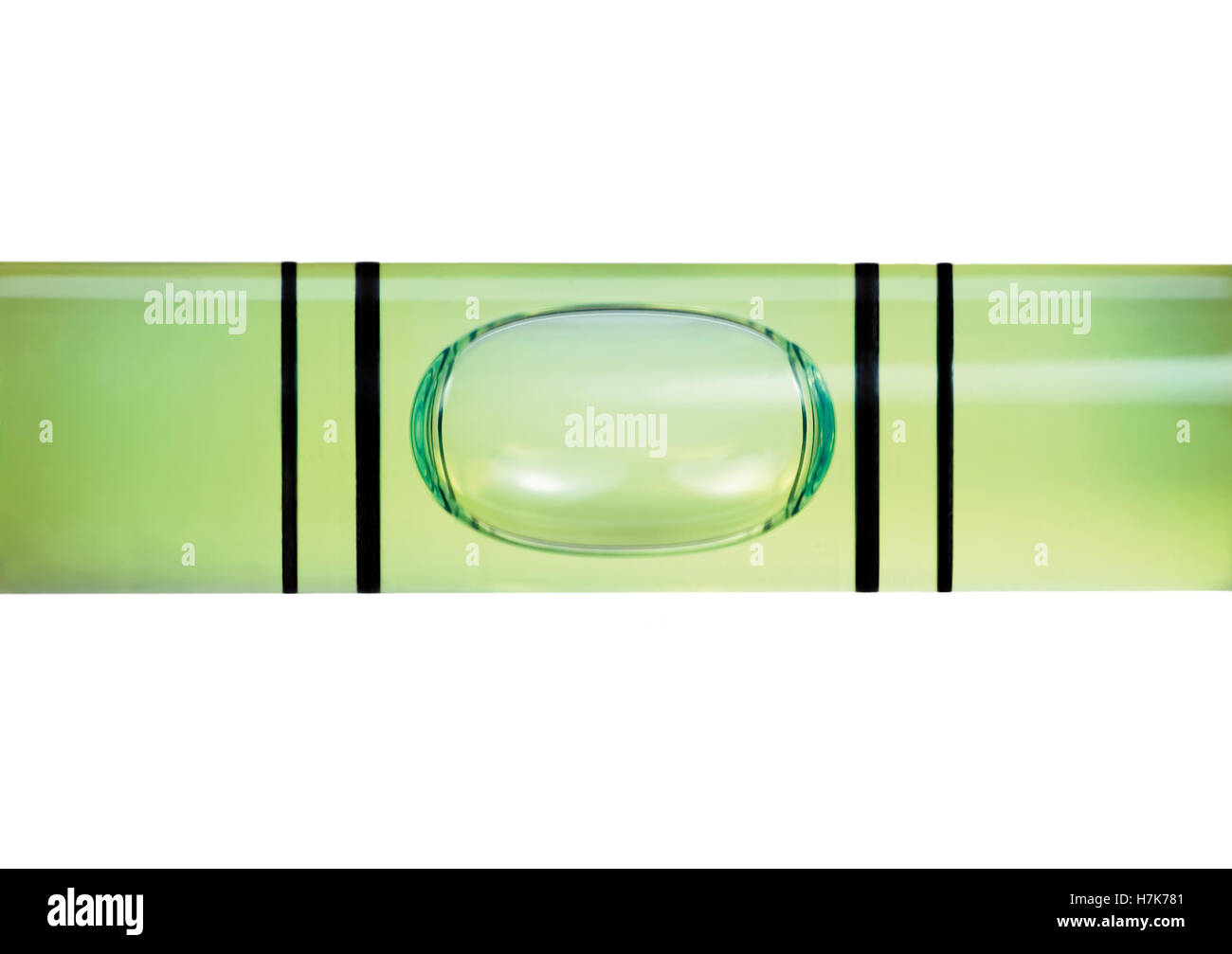 Leveled spirit level gauge macro closeup, green glass, isolated Stock ...