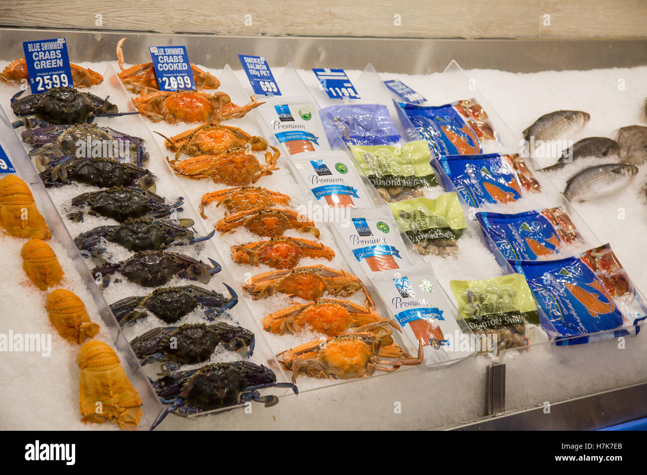 Raw and cooked blue swimmer crab and john dory in a Sydney fishmonger ...