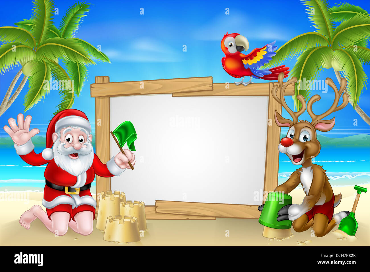 Cartoon Santa Claus and Christmas Reindeer playing on a beach making ...