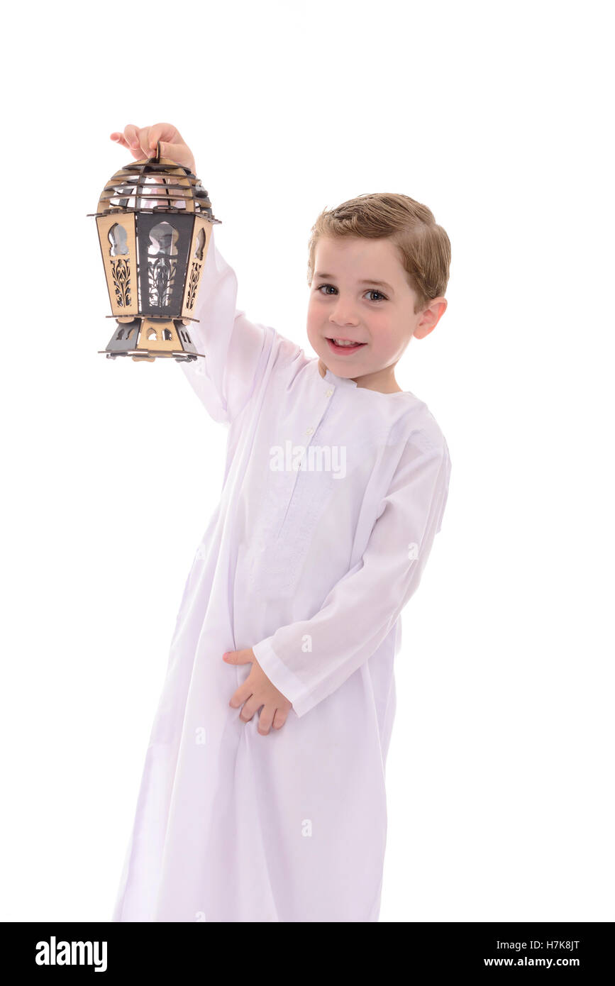 Happy Young Muslim Boy With Wooden Lantern Isolated on White Background ...